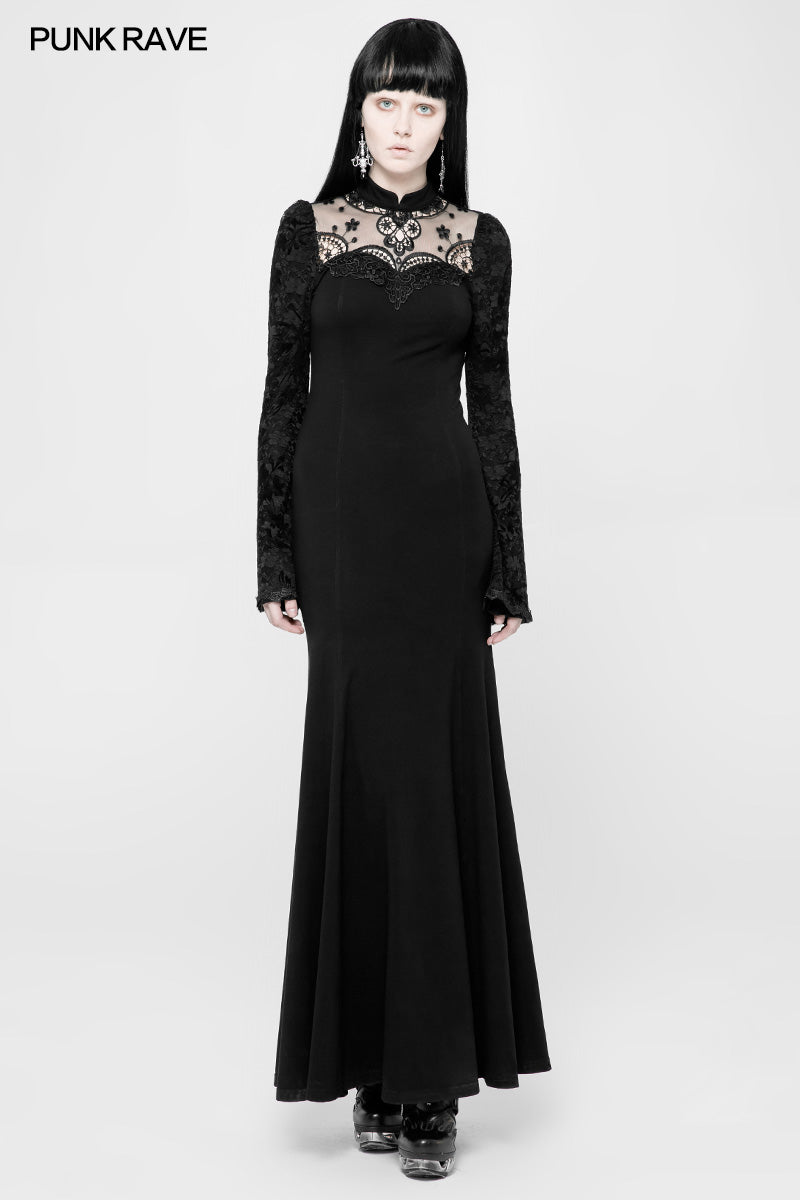 Exquisite Lace Knitted Gothic Dress With Front Semi-Transparent Stand ...