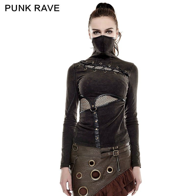 Coffe Steampunk Tight Mesh Punk Shirts With High Collar– Punkravestore